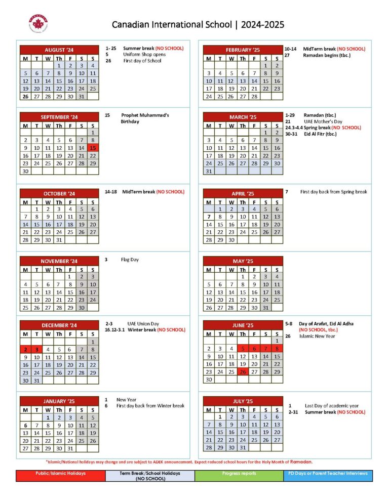 SCHOOL CALENDAR – CANADIAN INTERNATIONAL SCHOOL